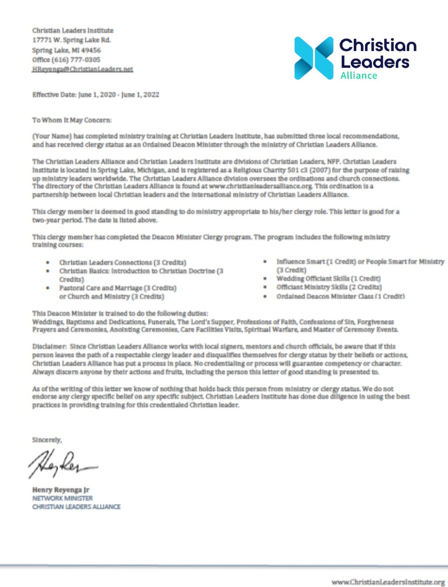 Letter of Good Standing (Tier 1, 2 & 3) – Christian Leaders Ministries